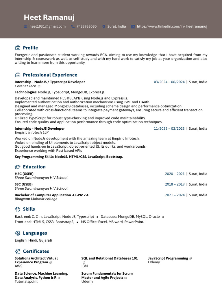 Heet Ramanuj: Profile | PDF | Databases | Java Script