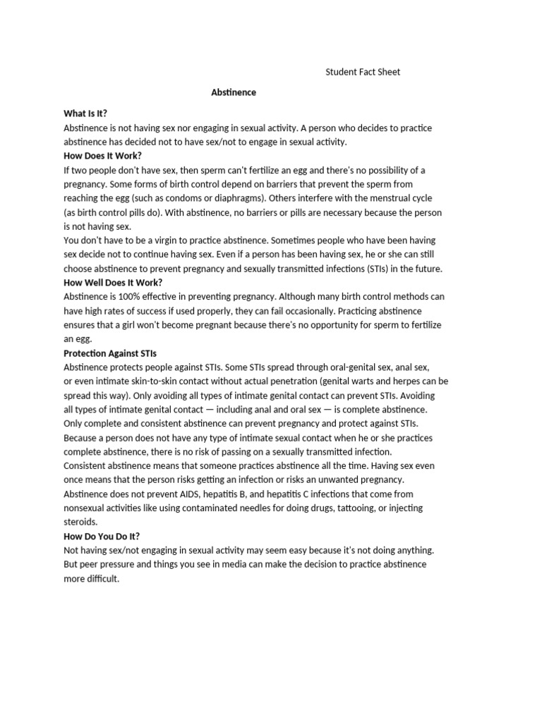 Abstinence Student Fact Sheet+ (1) .Docx+update | PDF | Sexually ...
