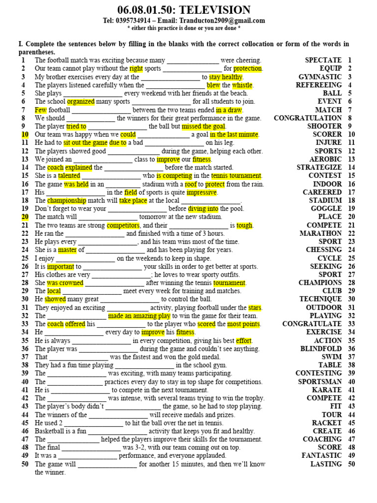 Sports Collocation Exercise Worksheet | PDF | Sports | Recreation