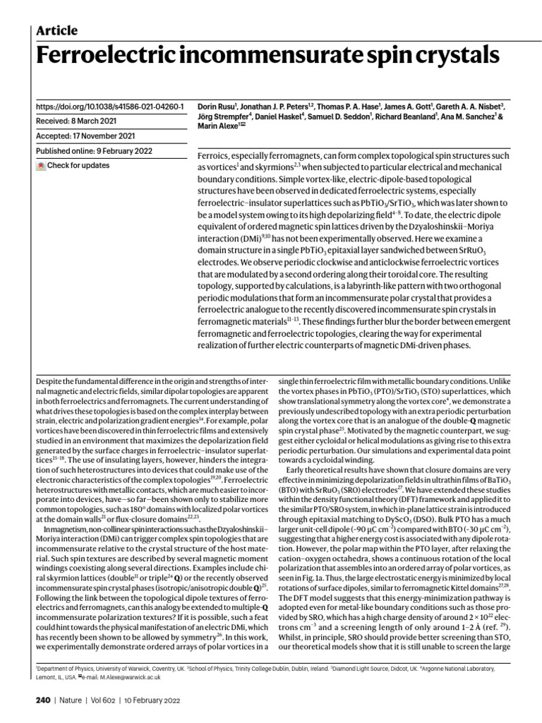 2022nat - Ferroelectric Incommensurate Spin Crystals | PDF ...