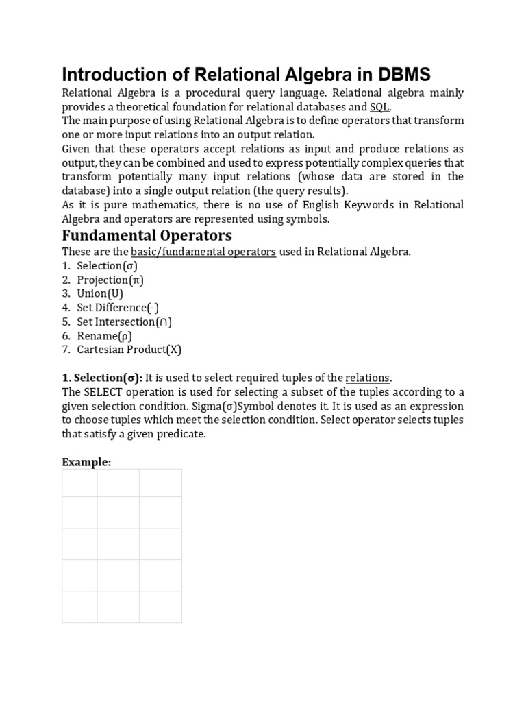 Introduction of Relational Algebra in DBMS | PDF | Relational Model | Databases
