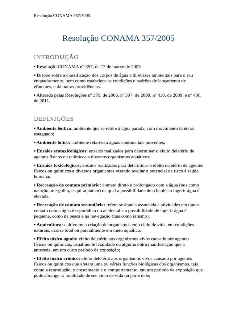 Resumo Resolução CONAMA 357-2005 | PDF | Qualidade da água | Ambiente ...