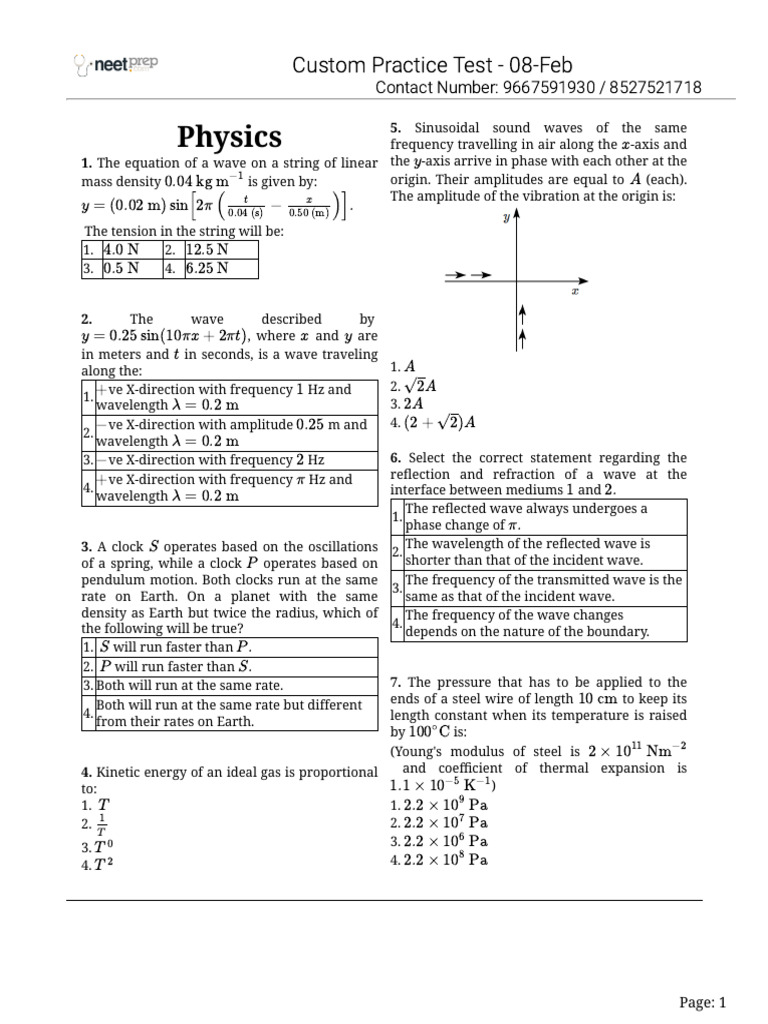 Physics Practice Test Questions | PDF | Waves | Citric Acid Cycle