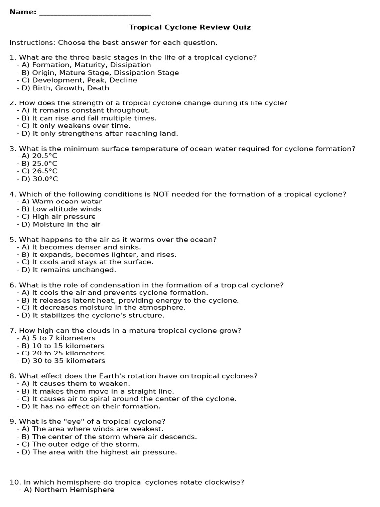 Tropical Cyclone Review Quiz | PDF | Tropical Cyclones | Cyclone