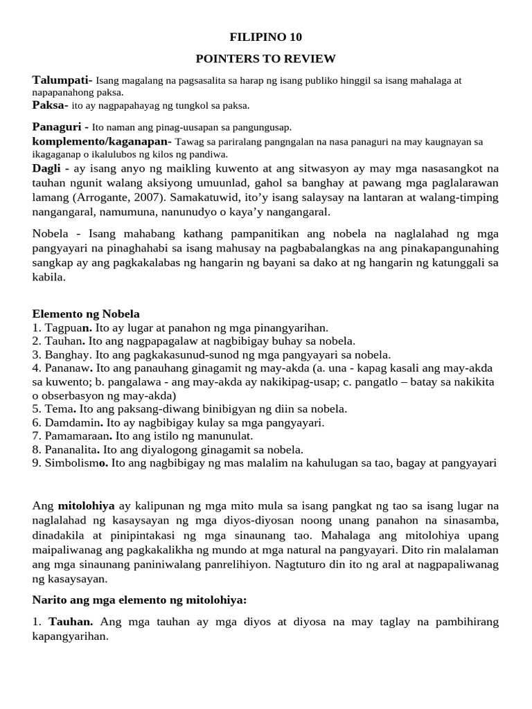 FILIPINO 10 - Q2 Pointers To Review | PDF