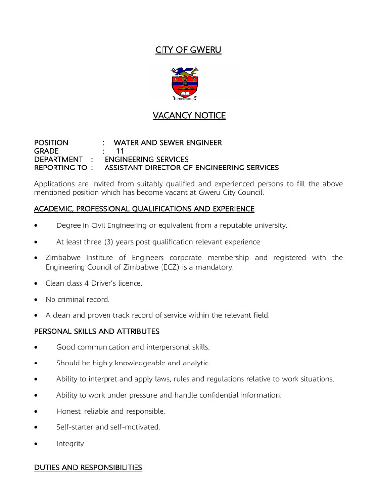 Gweru City Engineering Vacancies | PDF | Surveying | Professional ...