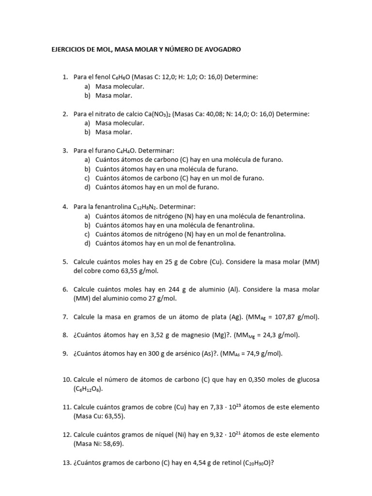 Ejercicios Ampliación Moles, Moléculas y Masas 1 | PDF | Mole (Unidad) | Ácido