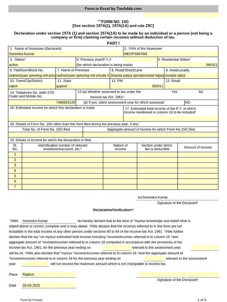 Form 15g in Excel | PDF | Income Tax | Taxes