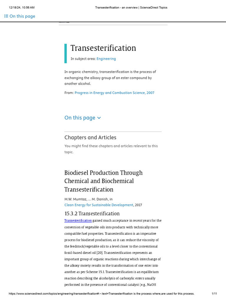 Transesterification - an overview _ ScienceDirect Topics | PDF | Biodiesel | Biofuel