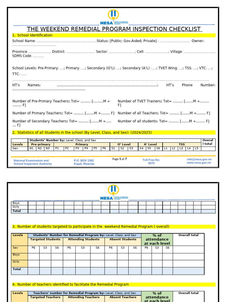Weekend Remedial Learning Program Inspection Checklist | PDF ...
