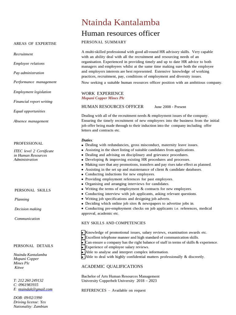 Human Resources Officer CV | PDF | Recruitment | Employment