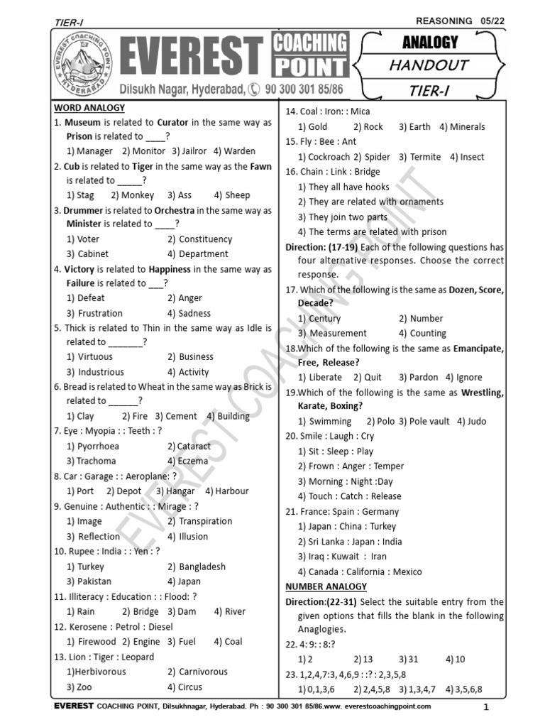 Word and Number Analogies Practice | PDF