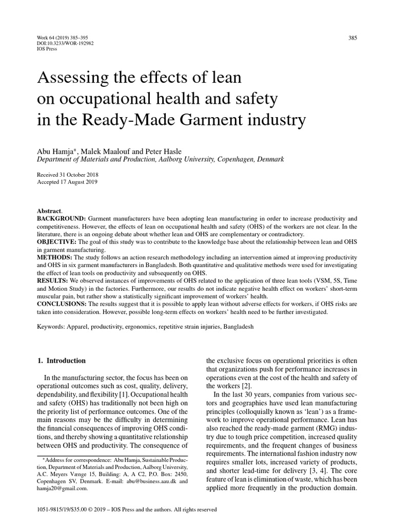 Hamja Et Al 2019 Assessing The Effects of Lean On Occupational Health and Safety in The Ready ...