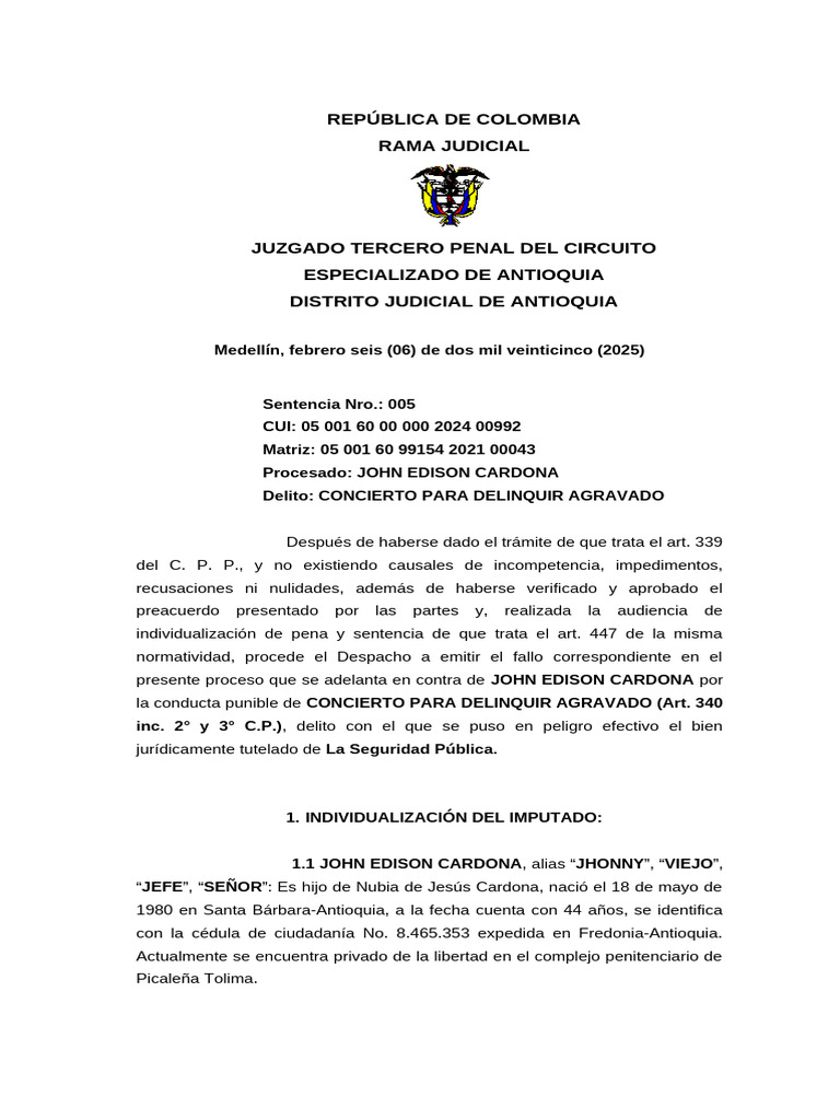 Sentencia contra John Edison Cardona | PDF | Castigos | Crímenes
