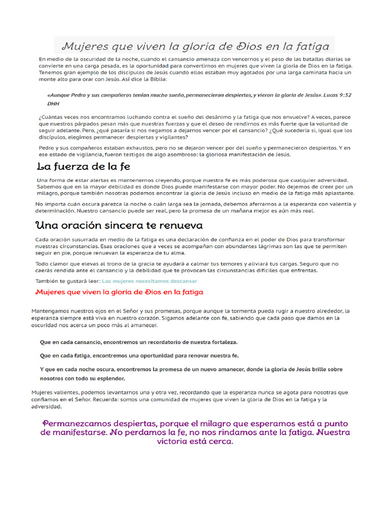 Mujeres que viven la gloria de Dios en la fatiga | PDF