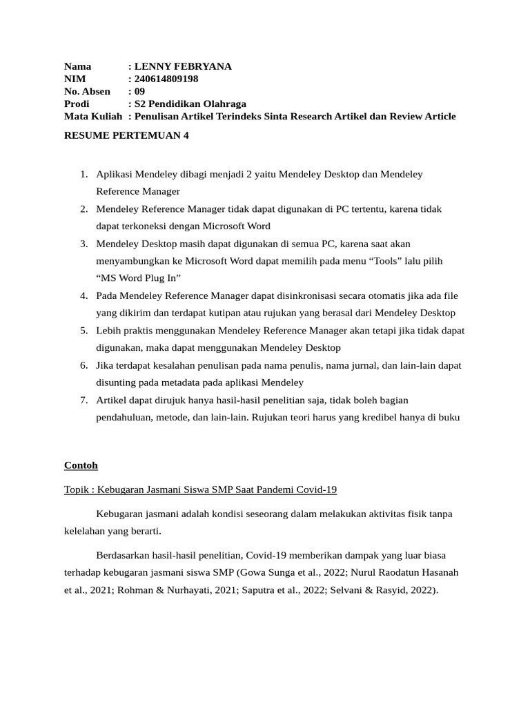 Resume Perkuliahan Mata Kuliah Artikel Terindeks Sinta | PDF