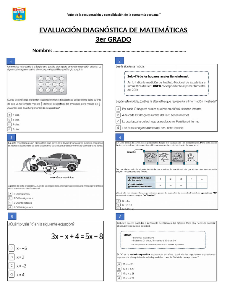 EVALUACION DIAGNOSTICA DE MATEMATICAS 3er GRADO | PDF