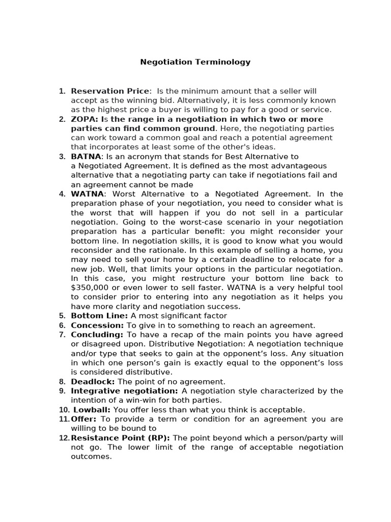 Key Negotiation Terms Explained | PDF | Negotiation