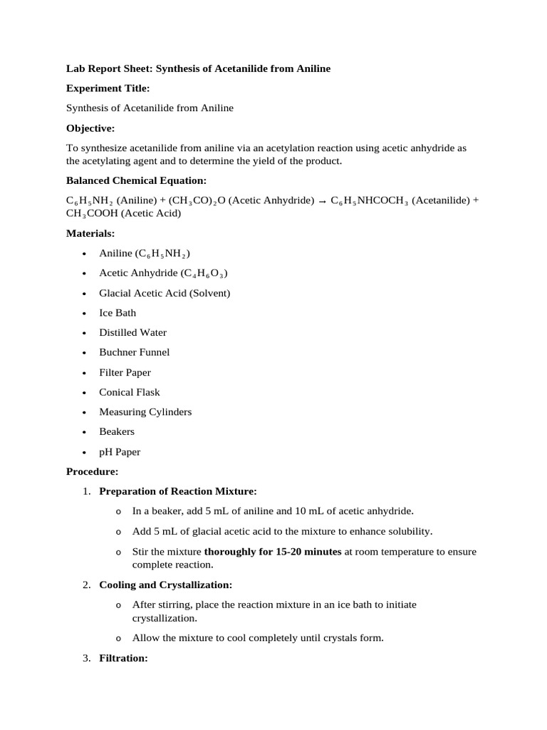 Synthesis of Acetanilide | PDF | Acetic Acid | Organic Synthesis
