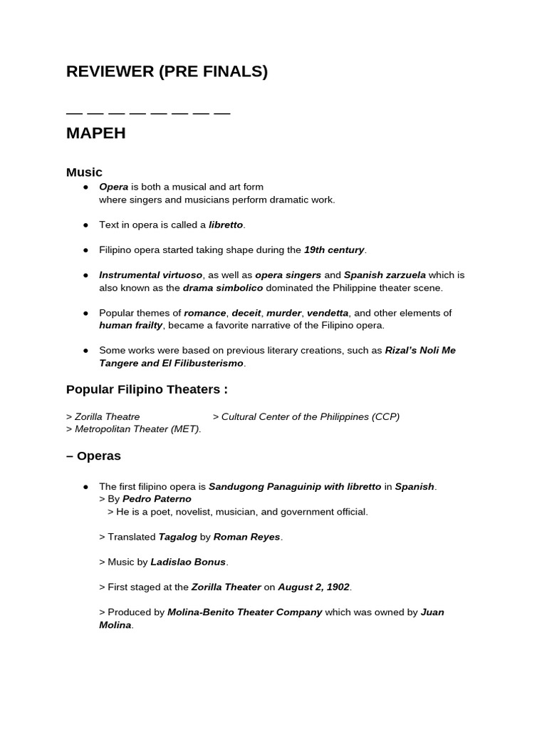 FILIPINO MAPEH GRADE 10 Reviewer | PDF | Opera | Play (Theatre)