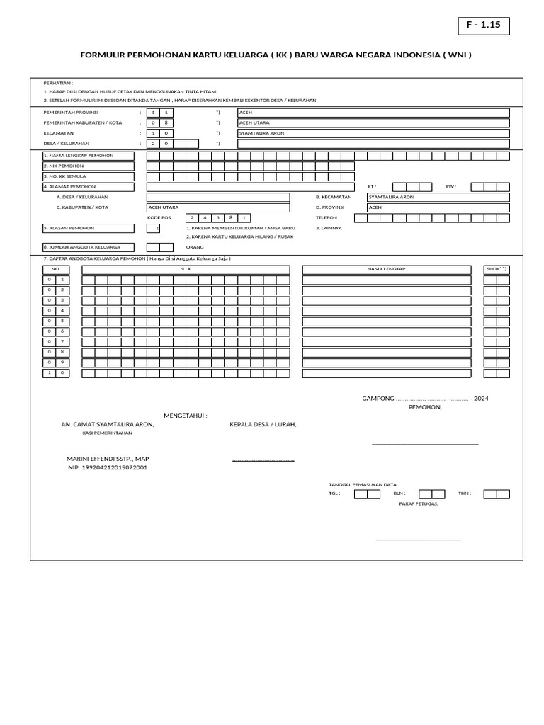 F-1.15 Formulir Permohon KK Baru WNI | PDF
