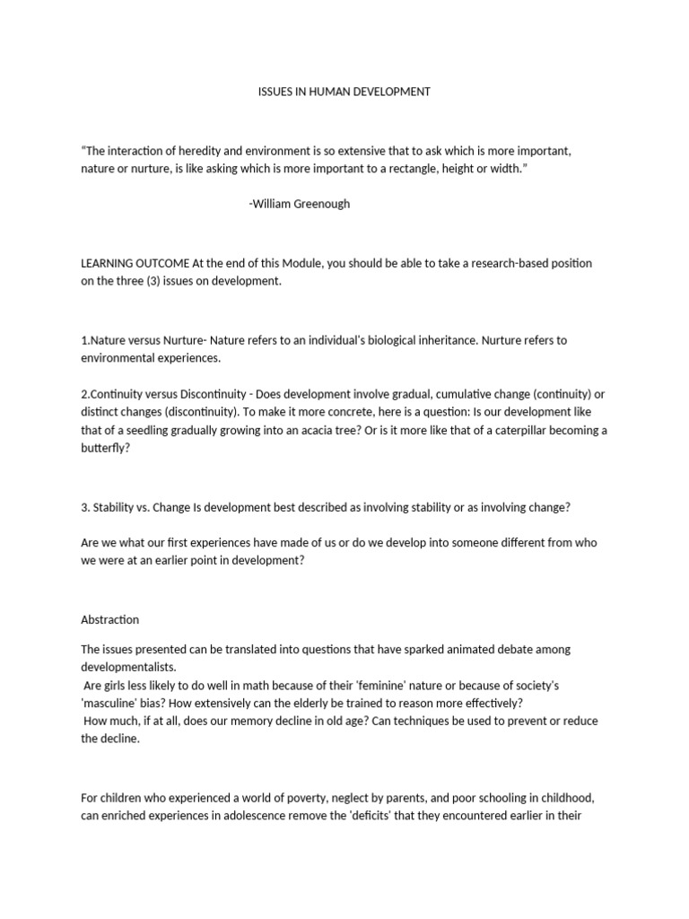 Issues-In-Human-Development Educ 112 | PDF | Nature Versus Nurture | Psychological Concepts