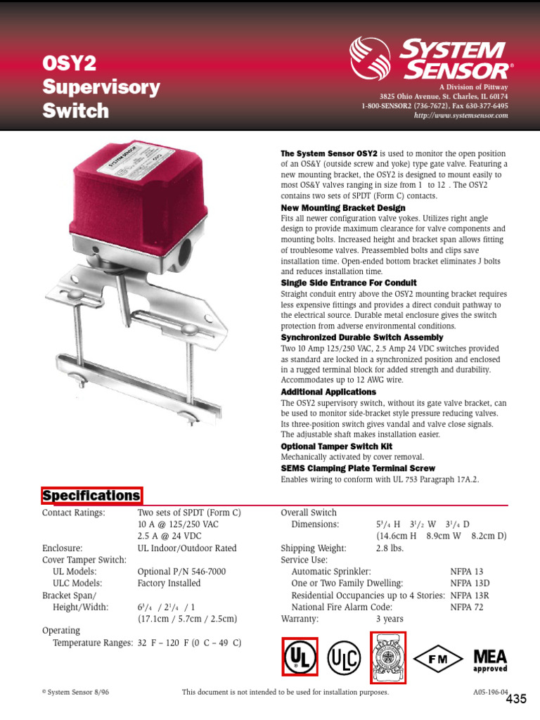 System Sensor Supervisory Switch | PDF | Switch | Valve
