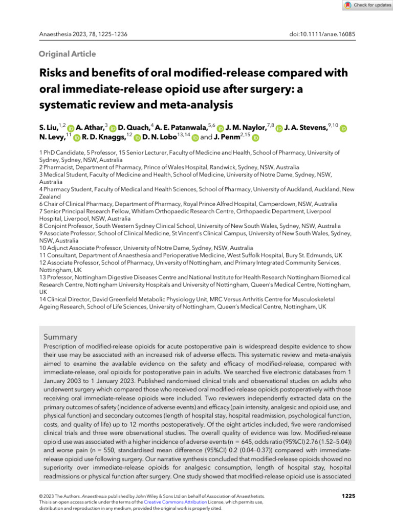 Anaesthesia - 2023 - Liu - Risks and Benefits of Oral Modified Release ...