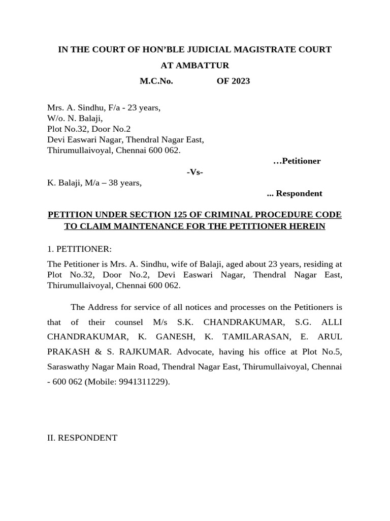Maintenance Petition by Mrs. Sindhu | PDF | Marriage | Social Institutions