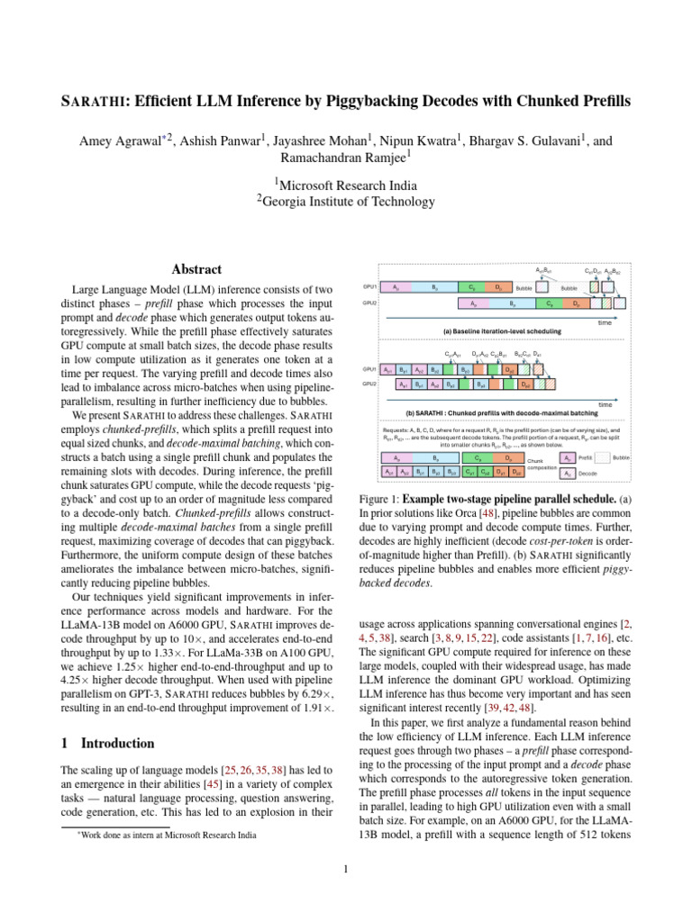 S: Efficient LLM Inference by Piggybacking Decodes With Chunked ...