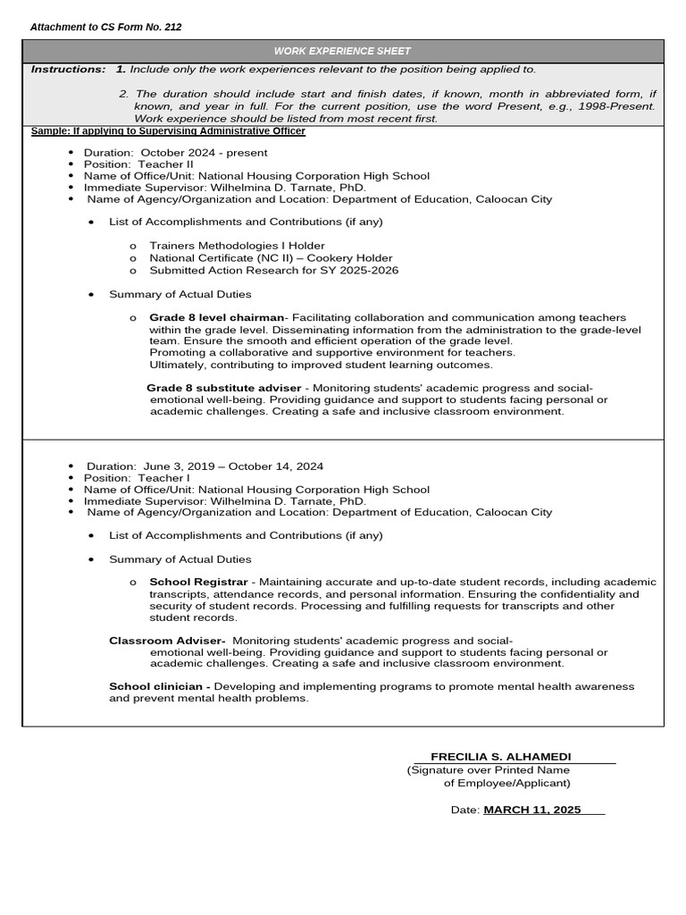 CS Form No. 212 Attachment - Work Experience Sheet | PDF | Teachers ...