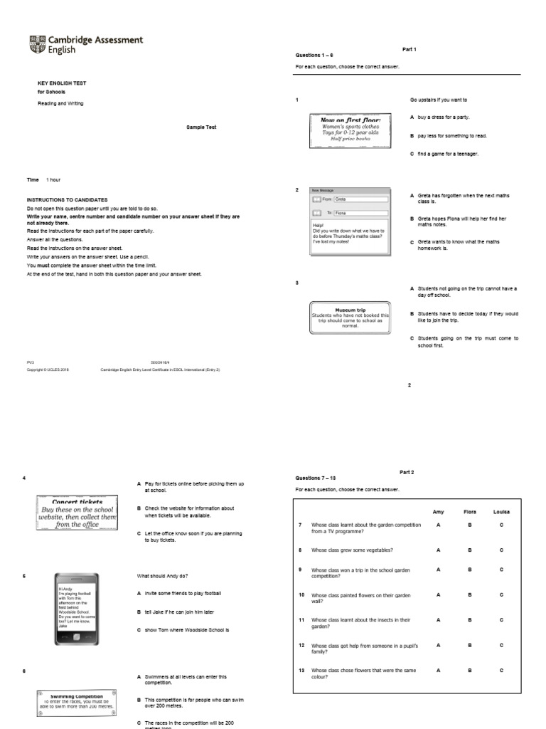 1【Reading and Writing】A2 Key for Schools 2020 sample | PDF