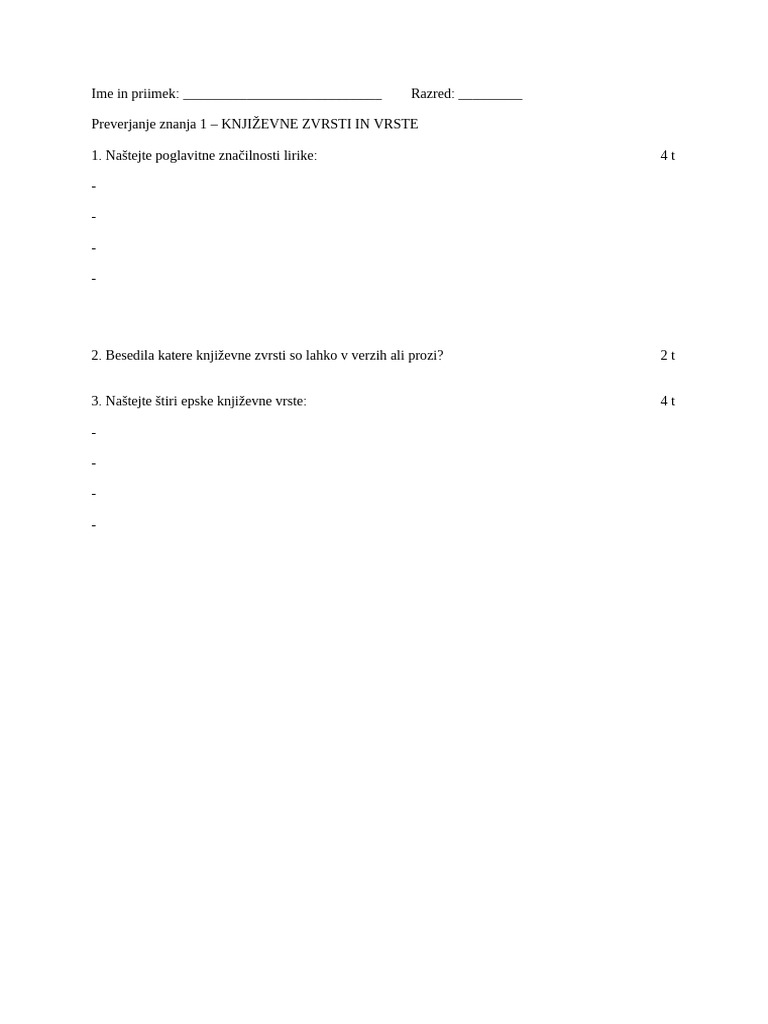 Slo TSK Knjizevne Zvrsti in Vrste 01 | PDF