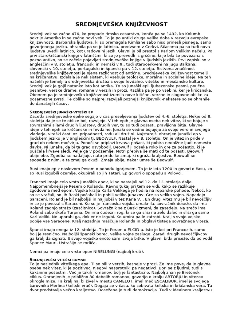 Slo SNK Srednjeveska Knjizevnost 01 | PDF