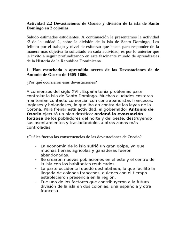 Actividad 2.2, de La Unidad #2 Las Devastaciones de Osorio y La División de La Isla de Santo ...