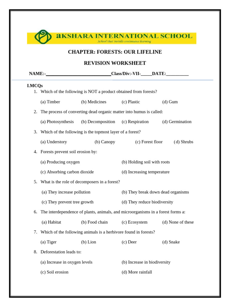 Grade 7 Revision Worksheet-Forest Our Lifeline | PDF | Forests | Soil