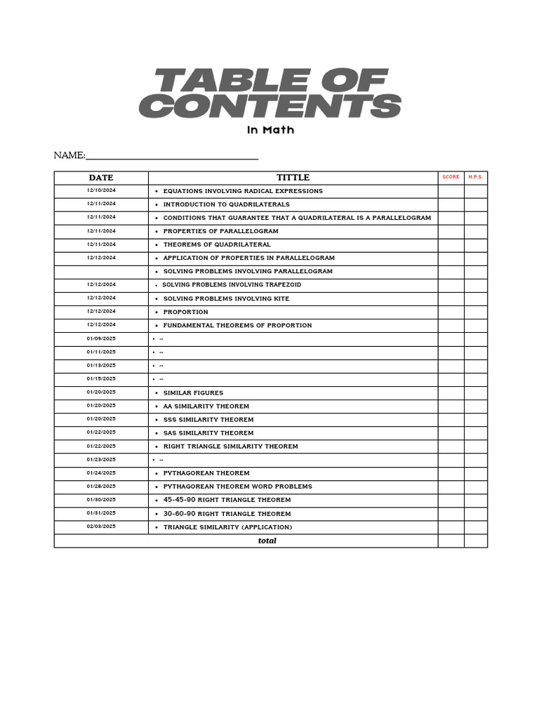 Table of Contents in Math | PDF