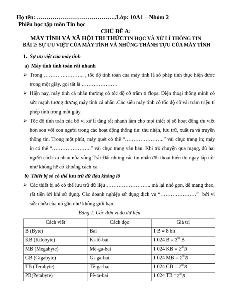 Tin-nhóm2-10A1-24-25 Bai 2 Sự Ưu Việt Của Máy Tính | PDF