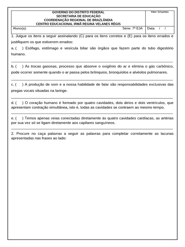 Prova 7° Eja Sistema Circulatório 2023 | PDF
