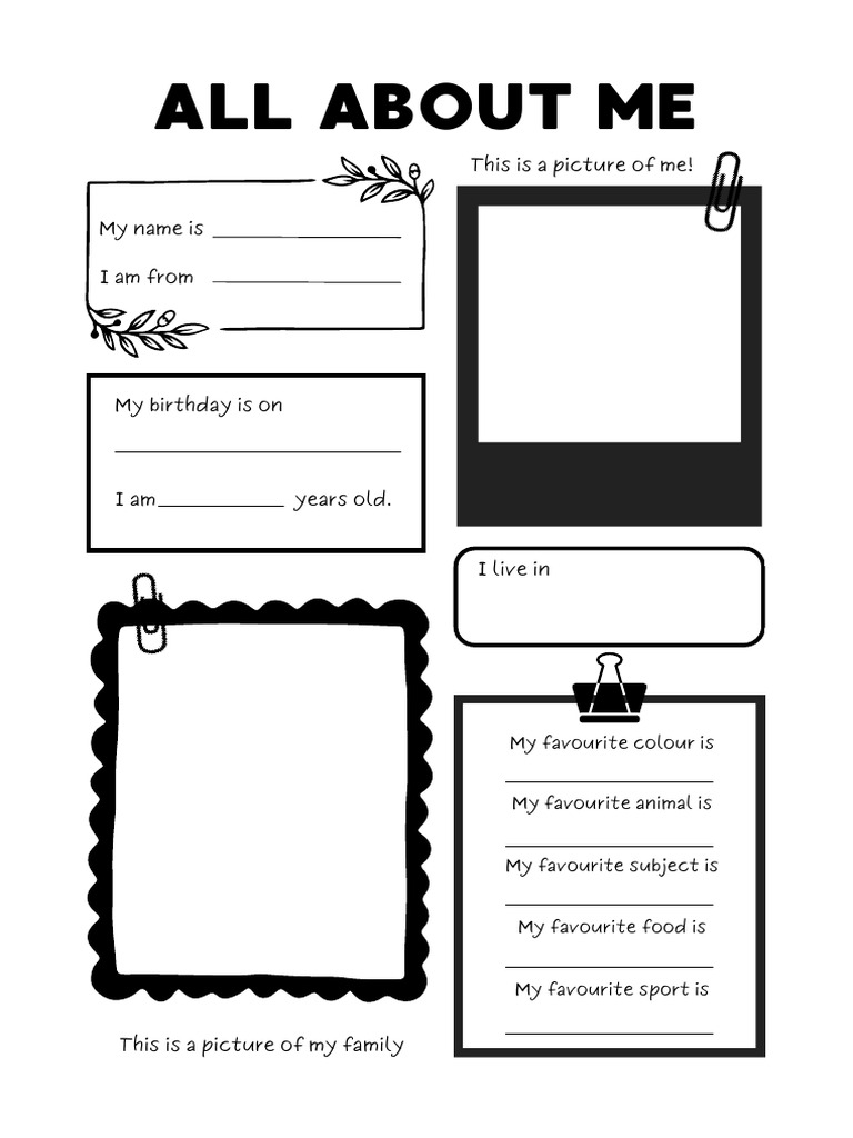All About Me Worksheet in Monochromatic Simple Style | PDF