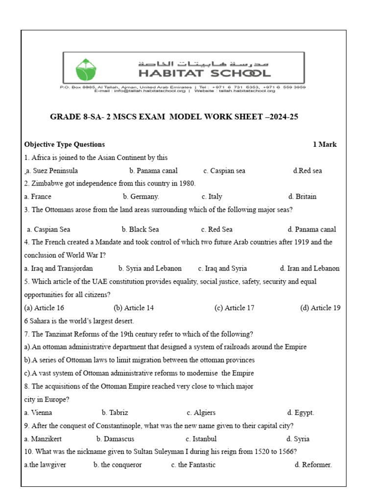 Grade 8 MSCS Exam Model Worksheet 2024 | PDF | Ottoman Empire | Syria
