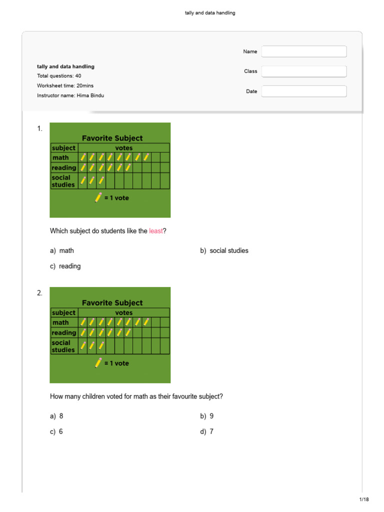 Tally and Data Handling Worksheet HW 1 | PDF | Zoology | Animals And Humans