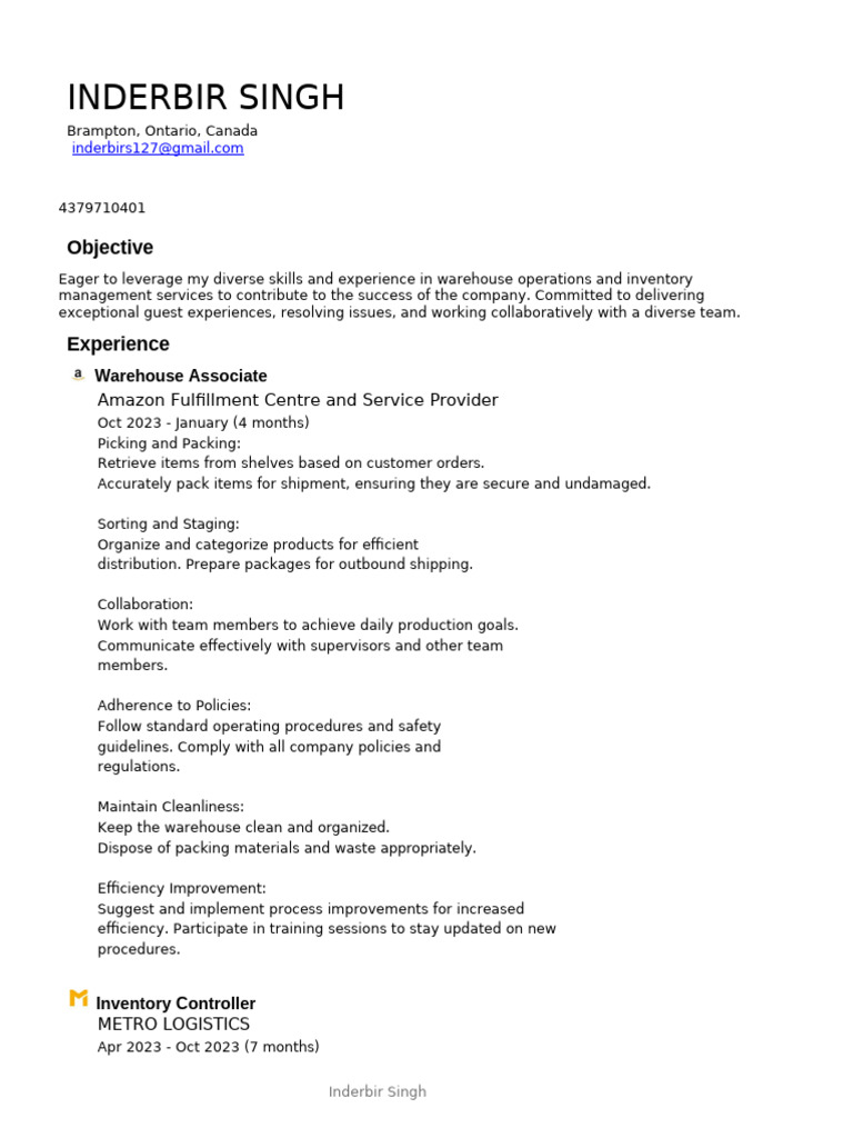 Indigo Warehouse Associate Profile | PDF | Warehouse | Inventory