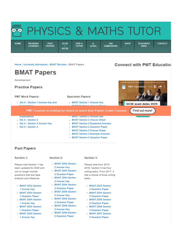 Biomedical Admissions Test (BMAT) - Practice Papers - PMT | PDF ...