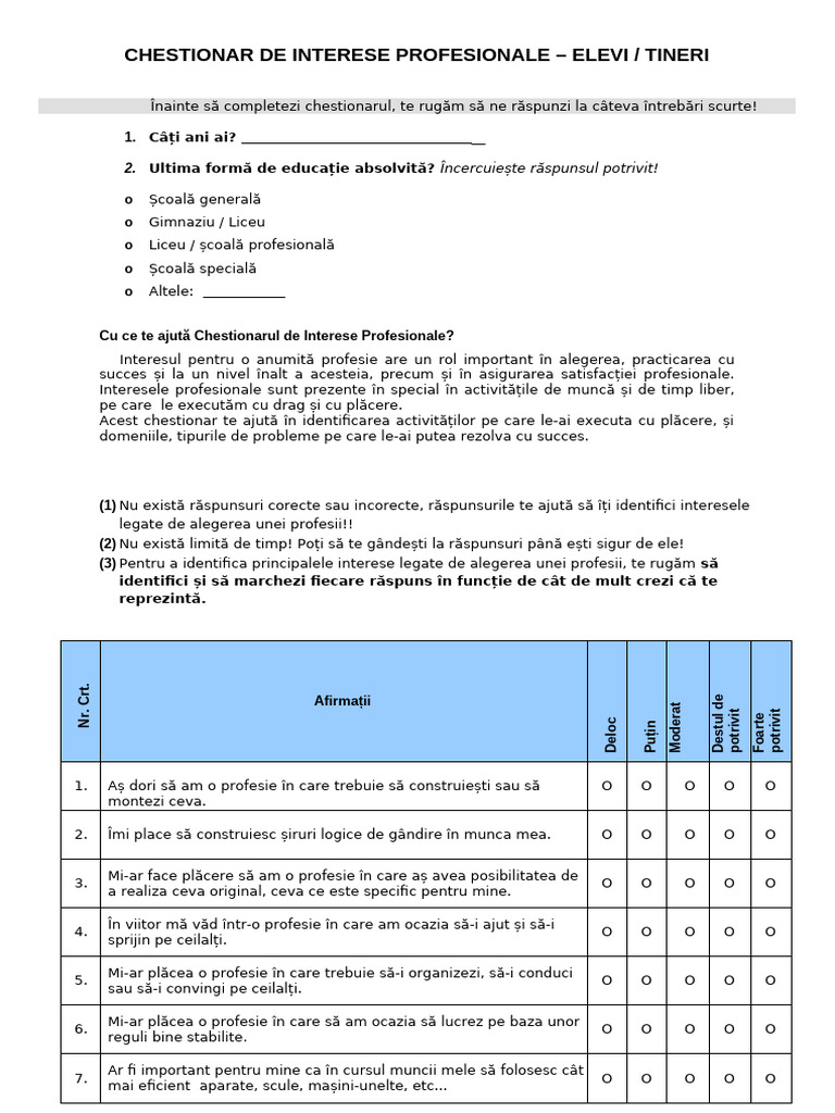 Chestionar de Interese Profesionale Elevi Tineri | PDF