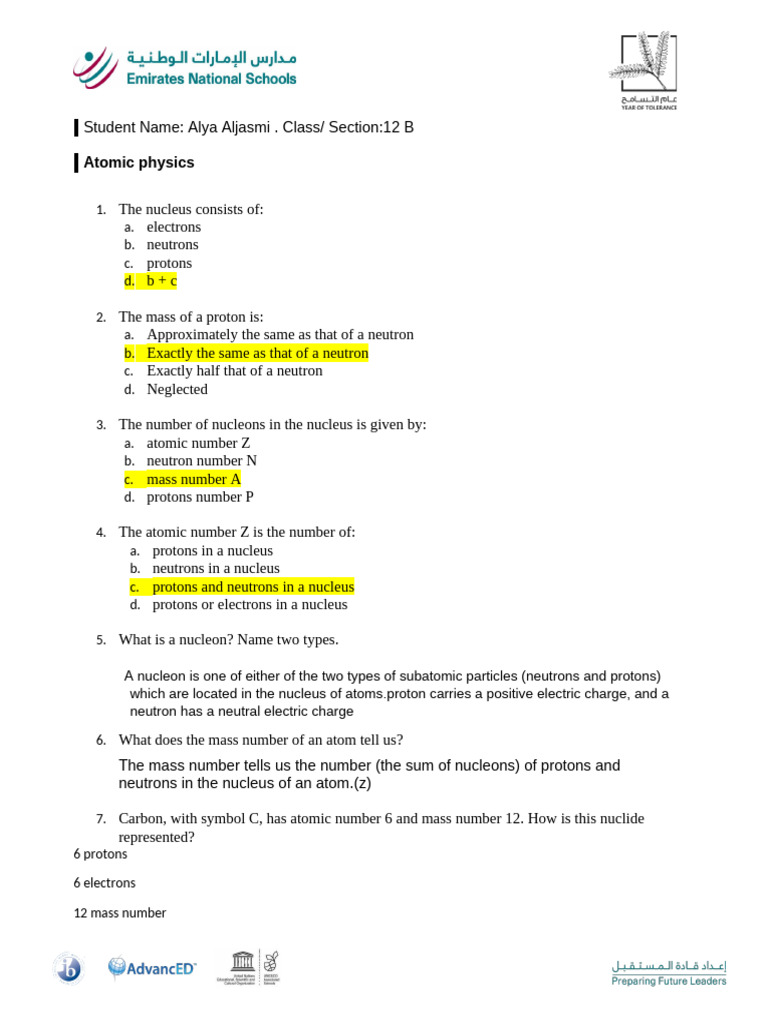 Atomic Physics Worksheet | PDF | Atomic Nucleus | Neutron