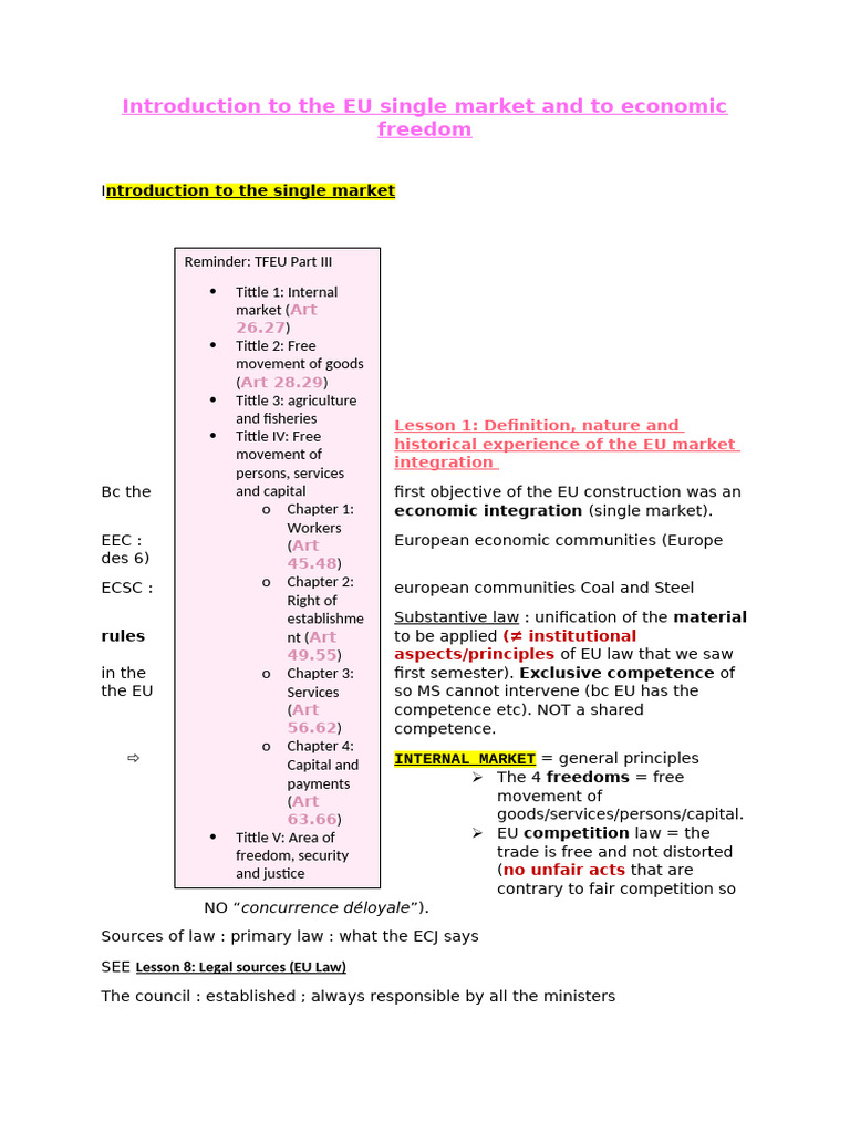 EU Single Market and Economic Freedom Overview | PDF | Customs ...