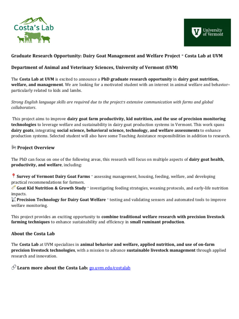 PhD Opportunity in Dairy Goat Research | PDF | Goat | Livestock