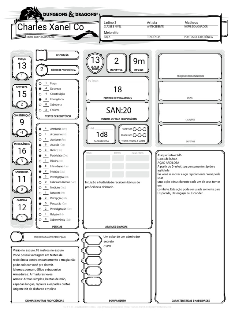 Ficha de Personagem para RPG D&D 5e | PDF