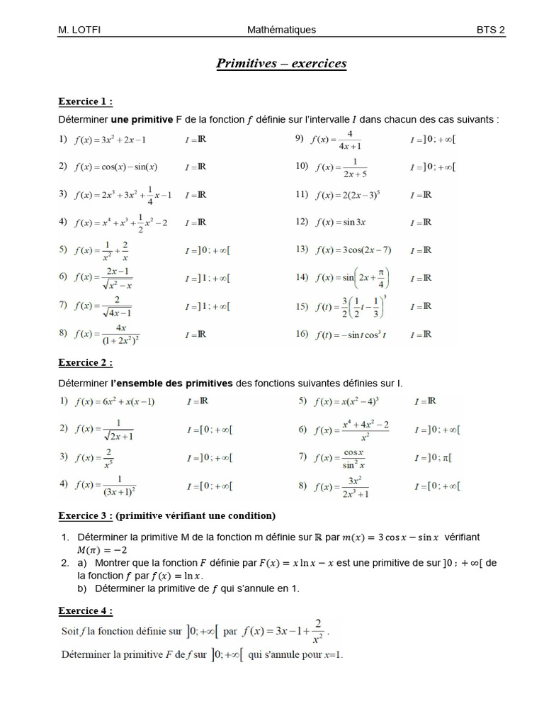 Exercices corrigés sur les primitives | PDF